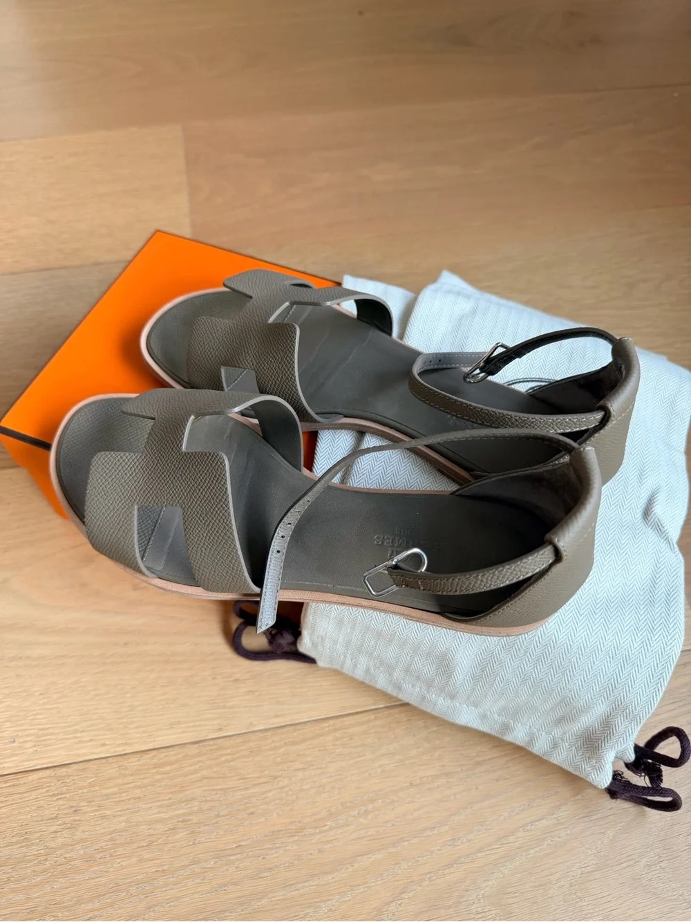 Hermes | Shoes | Hermes Etoupe Santorini Sandals | Poshmark